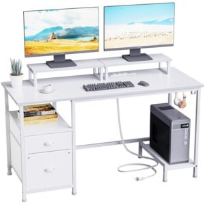 furologee white computer desk with drawer and power outlets, 47" office desk with 2 monitor stands and fabric file cabinet, writing gaming table with shelves and 2 hooks for home office