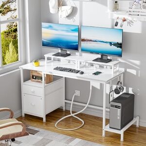 Furologee White Computer Desk with Drawer and Power Outlets, 47" Office Desk with 2 Monitor Stands and Fabric File Cabinet, Writing Gaming Table with Shelves and 2 Hooks for Home Office