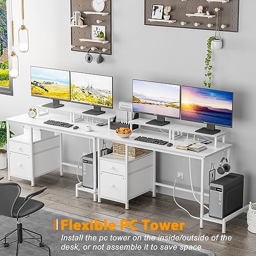 Furologee White Computer Desk with Drawer and Power Outlets, 47" Office Desk with 2 Monitor Stands and Fabric File Cabinet, Writing Gaming Table with Shelves and 2 Hooks for Home Office