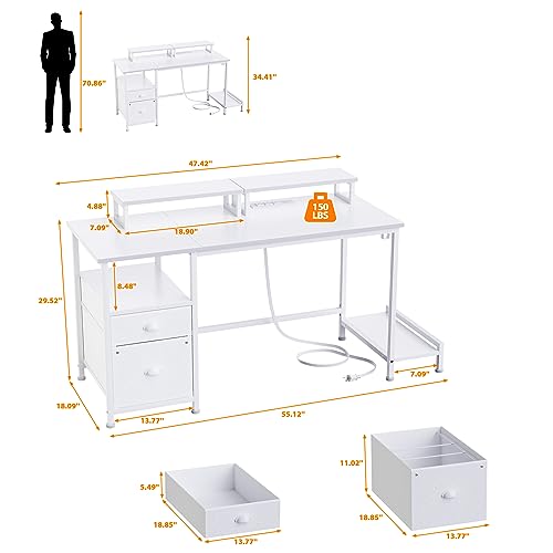 Furologee White Computer Desk with Drawer and Power Outlets, 47" Office Desk with 2 Monitor Stands and Fabric File Cabinet, Writing Gaming Table with Shelves and 2 Hooks for Home Office