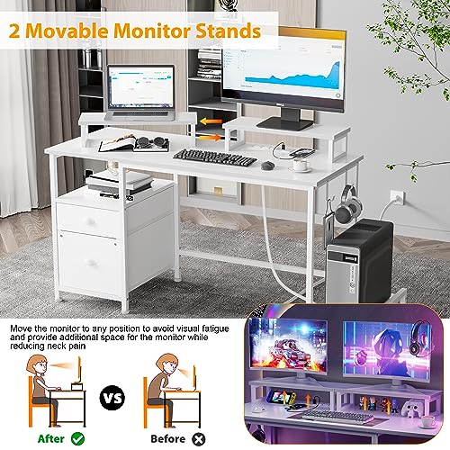 Furologee White Computer Desk with Drawer and Power Outlets, 47" Office Desk with 2 Monitor Stands and Fabric File Cabinet, Writing Gaming Table with Shelves and 2 Hooks for Home Office