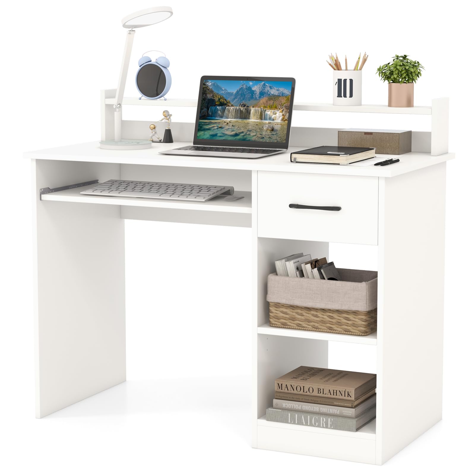 HAPPYGRILL Computer Desk with Monitor Stand, Home PC Office Desk with Keyboard Tray, Drawer & CPU Stand, Study Writing Desk Home Workstation Desk with Display Shelf