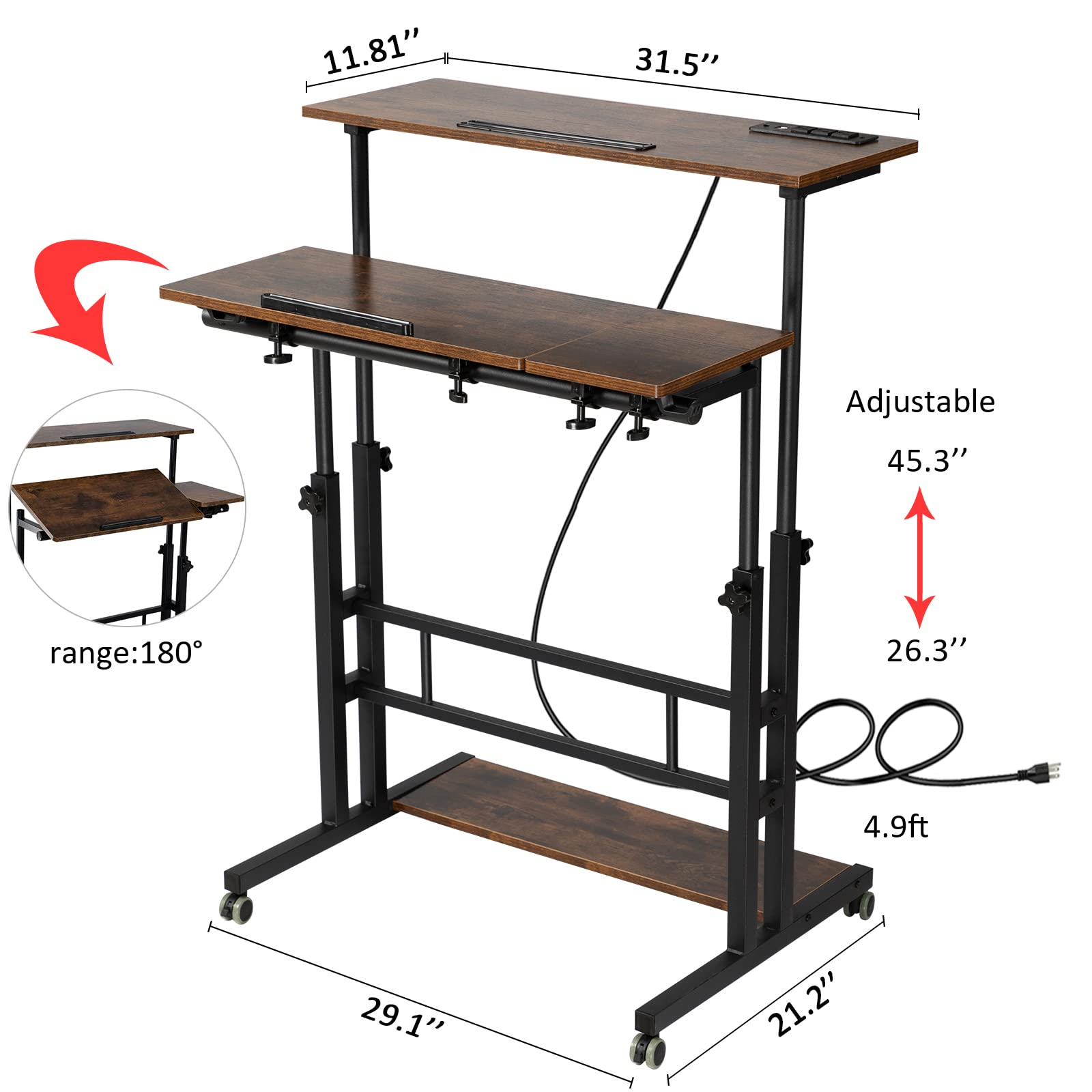 Hadulcet Mobile Standing Desk Adjustable Height, Rolling Desk Stand Up Desk, Mobile Laptop Desk, Rolling Computer Desk with Charging Station, Portable Desk with Wheels, Rustic Brown