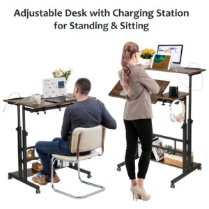 Hadulcet Mobile Standing Desk Adjustable Height, Rolling Desk Stand Up Desk, Mobile Laptop Desk, Rolling Computer Desk with Charging Station, Portable Desk with Wheels, Rustic Brown