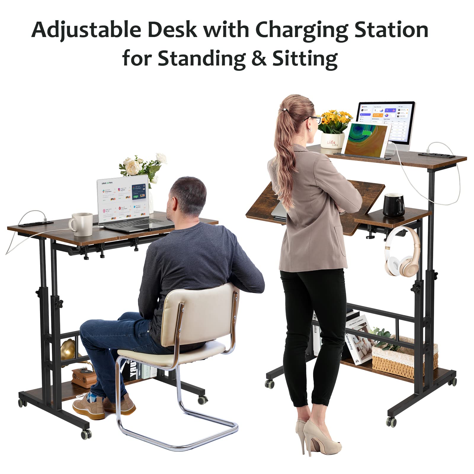 Hadulcet Mobile Standing Desk Adjustable Height, Rolling Desk Stand Up Desk, Mobile Laptop Desk, Rolling Computer Desk with Charging Station, Portable Desk with Wheels, Rustic Brown