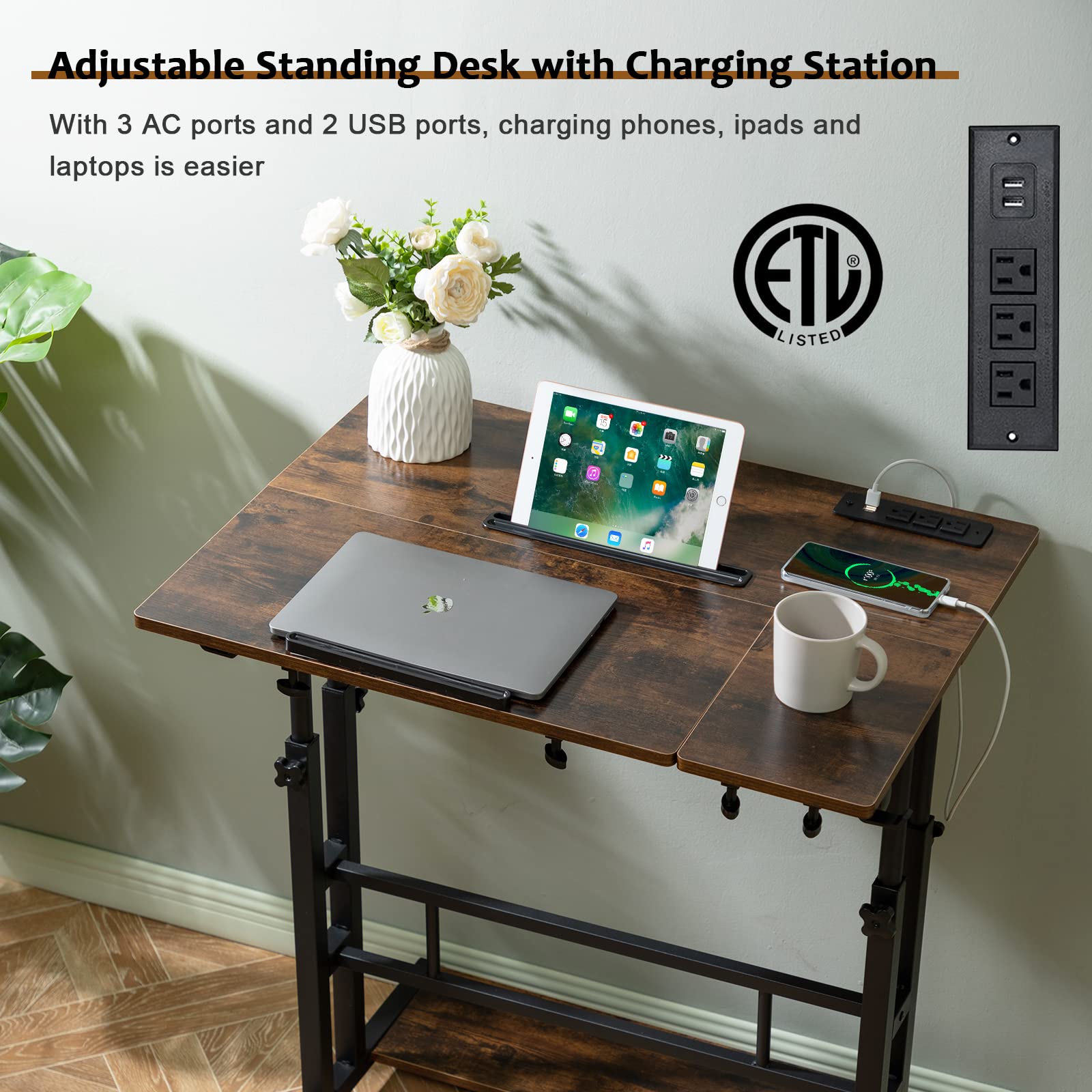 Hadulcet Mobile Standing Desk Adjustable Height, Rolling Desk Stand Up Desk, Mobile Laptop Desk, Rolling Computer Desk with Charging Station, Portable Desk with Wheels, Rustic Brown