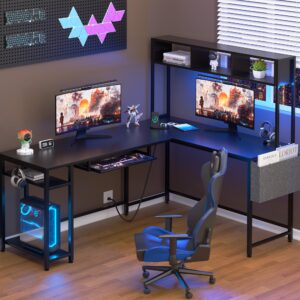 shintenchi 66" l shaped home office desk, reversible gaming desk with led lights and power outlet, computer desk with keyboard tray, hook, storage bag and shelf for home office, black