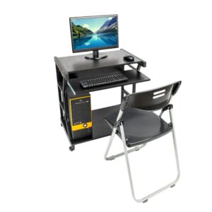 black computer desk cart home office desk, mobile laptop table workstation writing desk study desk with keyboard tray, printer shelf on wheels rolling desk with wheels 70 x 50 x 75 cm (l x w x h)