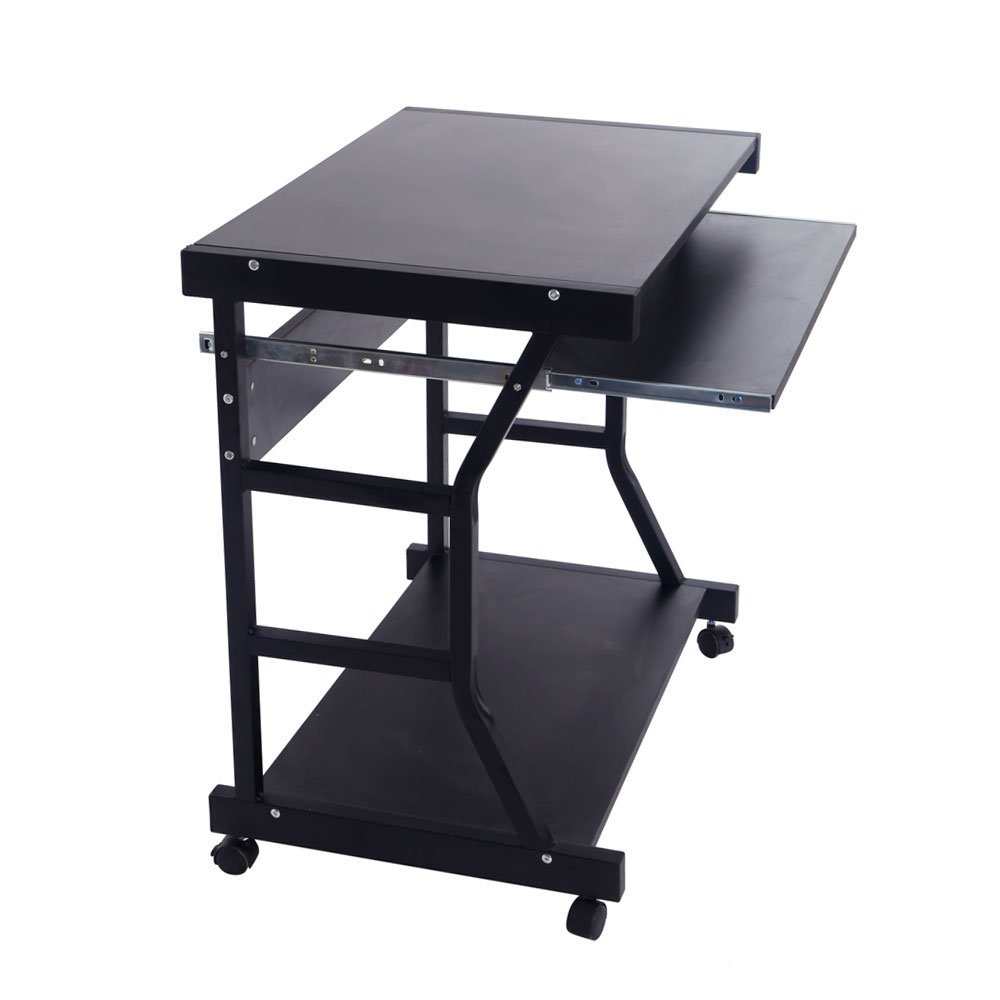 Black Computer Desk Cart Home Office Desk, Mobile Laptop Table Workstation Writing Desk Study Desk with Keyboard Tray, Printer Shelf on Wheels Rolling Desk with Wheels 70 x 50 x 75 cm (L x W x H)