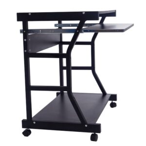 Black Computer Desk Cart Home Office Desk, Mobile Laptop Table Workstation Writing Desk Study Desk with Keyboard Tray, Printer Shelf on Wheels Rolling Desk with Wheels 70 x 50 x 75 cm (L x W x H)