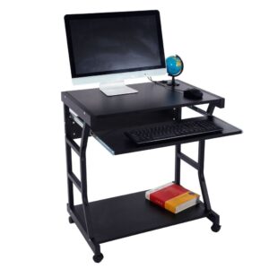 Black Computer Desk Cart Home Office Desk, Mobile Laptop Table Workstation Writing Desk Study Desk with Keyboard Tray, Printer Shelf on Wheels Rolling Desk with Wheels 70 x 50 x 75 cm (L x W x H)