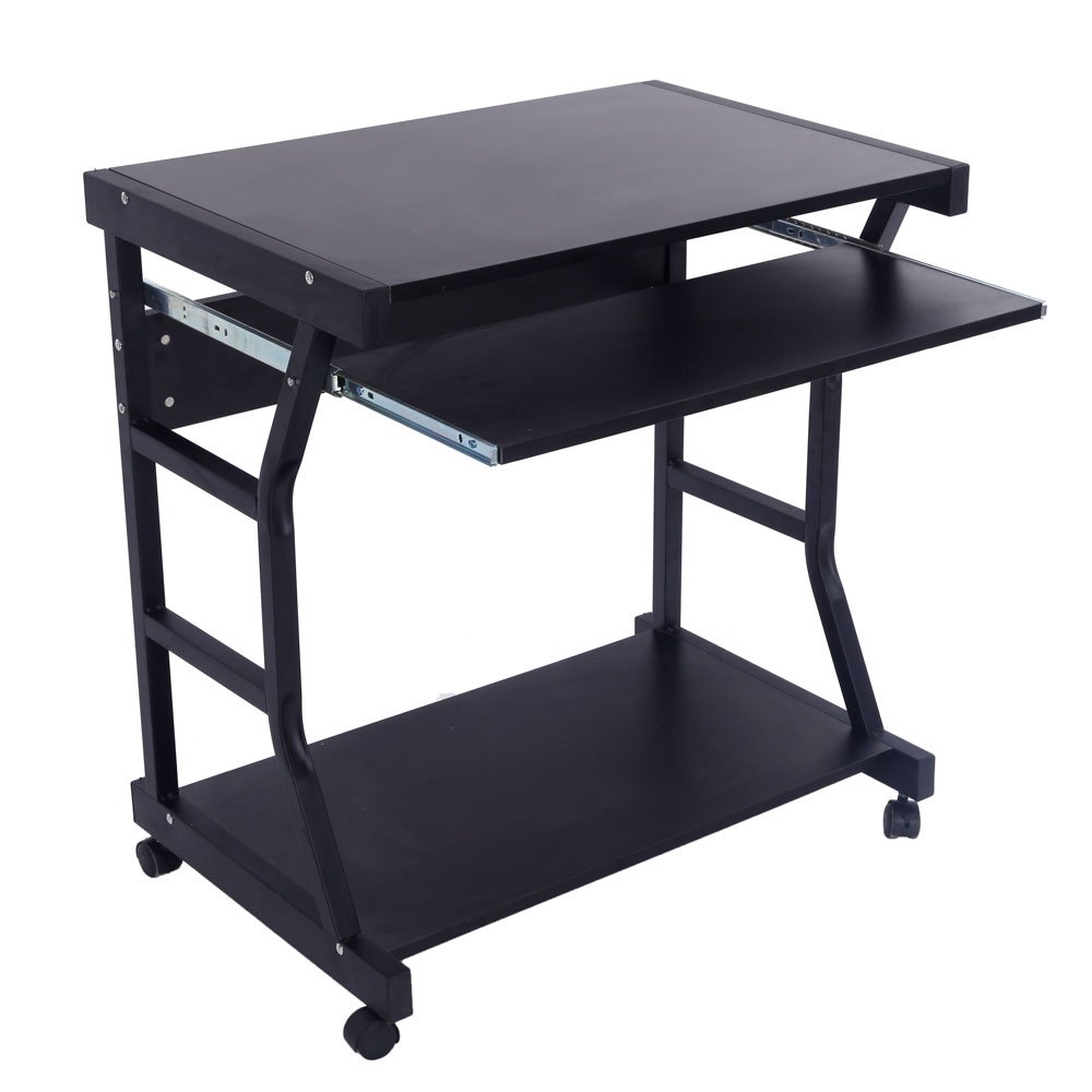 Black Computer Desk Cart Home Office Desk, Mobile Laptop Table Workstation Writing Desk Study Desk with Keyboard Tray, Printer Shelf on Wheels Rolling Desk with Wheels 70 x 50 x 75 cm (L x W x H)