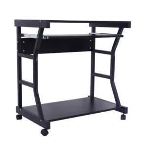 Black Computer Desk Cart Home Office Desk, Mobile Laptop Table Workstation Writing Desk Study Desk with Keyboard Tray, Printer Shelf on Wheels Rolling Desk with Wheels 70 x 50 x 75 cm (L x W x H)