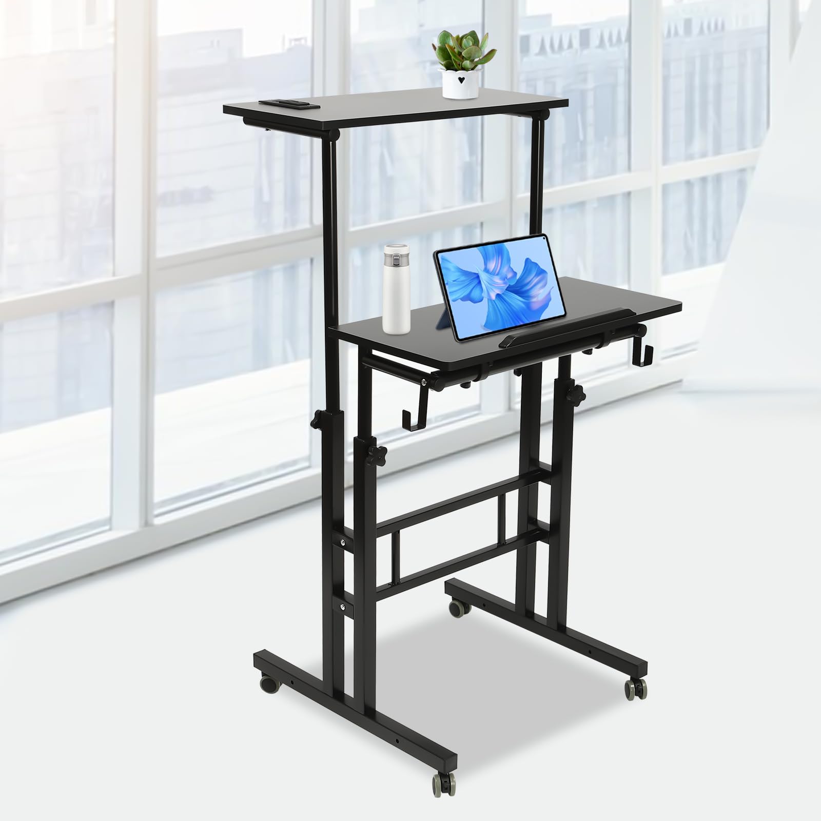 BINELUCOLU Mobile Stand Up Desk, 27.5-45.3in Height Adjustable Standing Desk with Keyboard Tray Hooks USB Interfaces& Socket Rolling Laptop Cart Computer Workstations