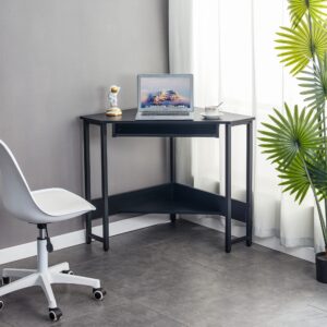 LKKRO Triangle Computer Desk,Corner Desk with Smooth Keyboard Tray& Storage Shelves,Compact Home Office,Small Desk with Sturdy Steel Frame As Workstation for Small Space,Black,28.34''L 24''W 30.11''H