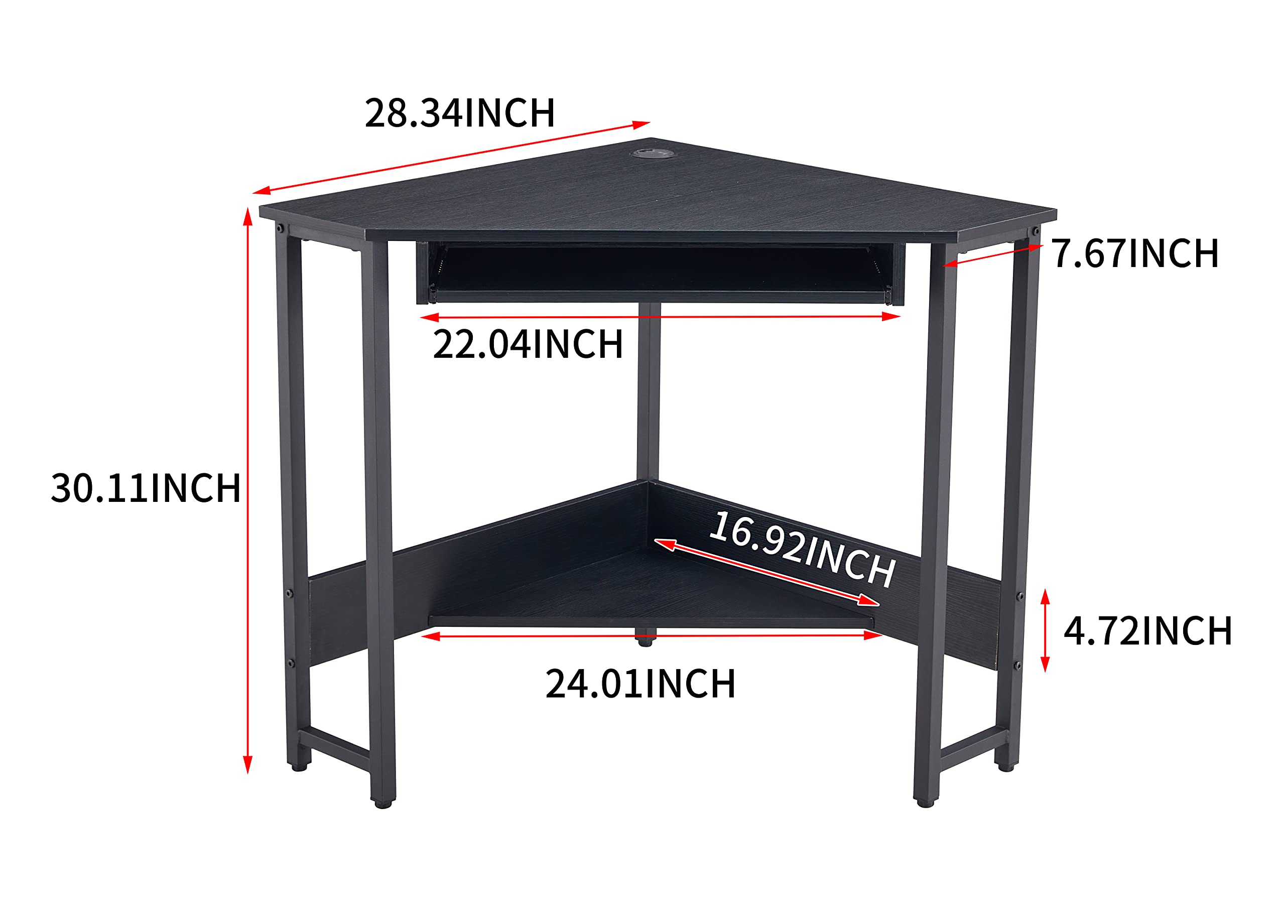 LKKRO Triangle Computer Desk,Corner Desk with Smooth Keyboard Tray& Storage Shelves,Compact Home Office,Small Desk with Sturdy Steel Frame As Workstation for Small Space,Black,28.34''L 24''W 30.11''H