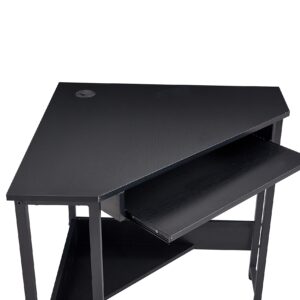 LKKRO Triangle Computer Desk,Corner Desk with Smooth Keyboard Tray& Storage Shelves,Compact Home Office,Small Desk with Sturdy Steel Frame As Workstation for Small Space,Black,28.34''L 24''W 30.11''H