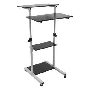 ghankopd mobile laptop computer desk stand up computer desk standing workstation rolling desk adjustable height with locking wheels storage and slideout keyboard tray (black, 27inch)