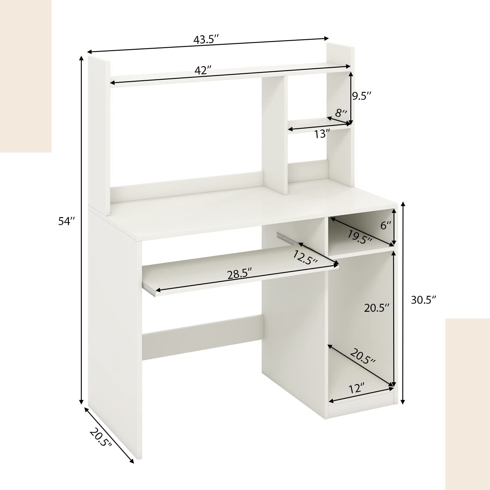 GLOBALWAY Home Office Desk w/Hutch, Gaming Table Workstation w/Keyboard Tray, CPU Stand, & Bookshelf, Modern & Space-Saving Writing Desk for Dorm, Bedroom, White