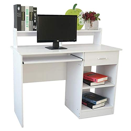 WISCLASS General Style White Computer Desk with Keyboard Tray and Drawers