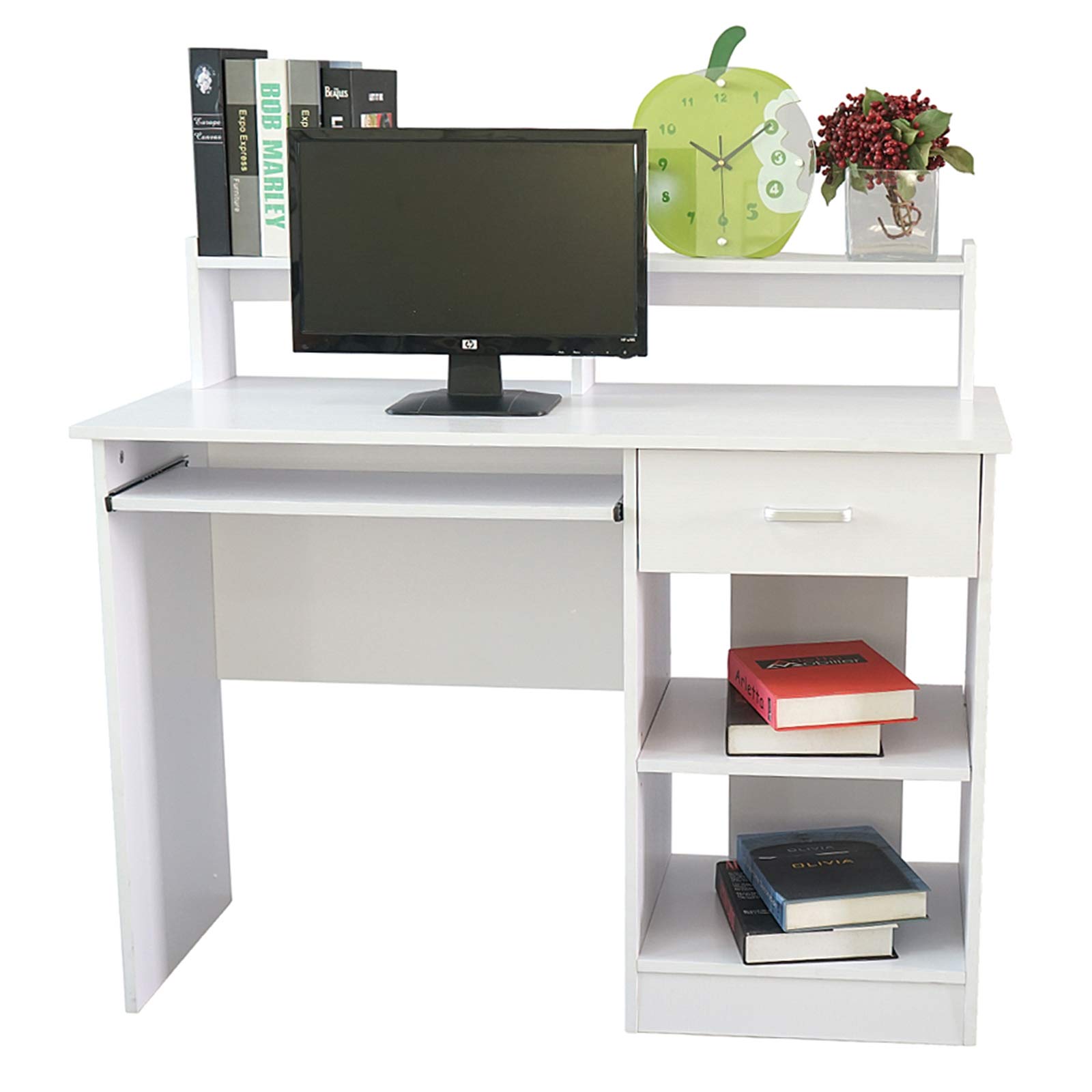 WISCLASS General Style White Computer Desk with Keyboard Tray and Drawers