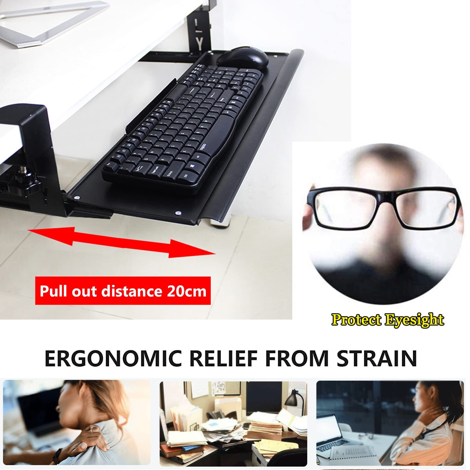 IBOWZ Keyboard Drawer Tray Sliding Keyboard Shelf Keyboard Platforms - Under Desk Keyboard Tray Clamp On,Ergonomic Desk Extender Wrist Rest,Support The Wrist to Relieve Hand Fatigue/Black/60Cm