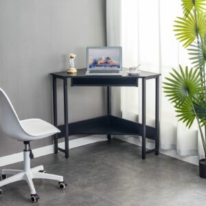 Aienid MDF Black Computer Desk Triangle Computer Desk,Corner Desk with Smooth Keyboard Tray& Storage Shelves,Compact Home Office,Small Desk with Sturdy Steel Frame As Workstation for Small Space