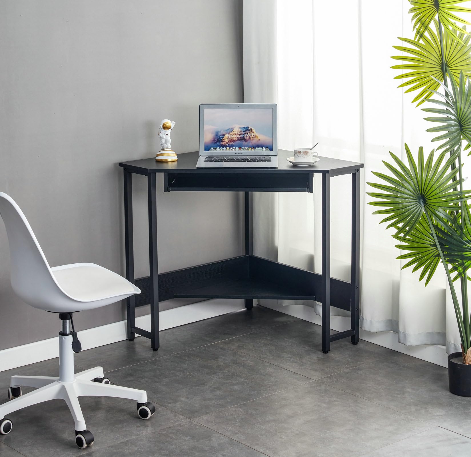 Aienid MDF Black Computer Desk Triangle Computer Desk,Corner Desk with Smooth Keyboard Tray& Storage Shelves,Compact Home Office,Small Desk with Sturdy Steel Frame As Workstation for Small Space