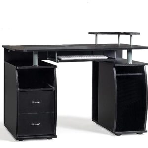 kcelarec computer desk with 2 drawers, wooden home office desk writing study desk with open shelves and keyboard tray black