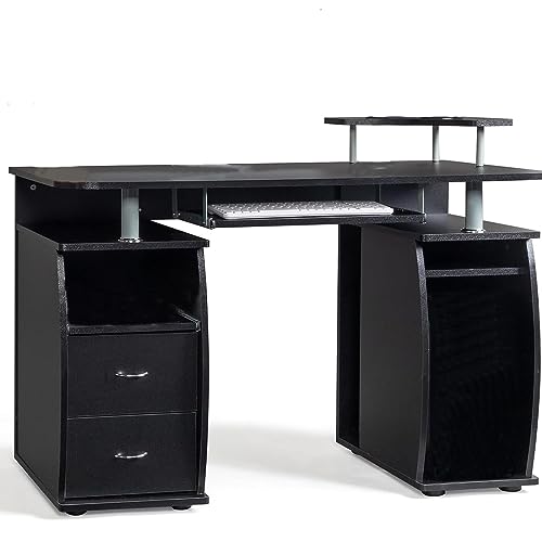 Kcelarec Computer Desk with 2 Drawers, Wooden Home Office Desk Writing Study Desk with Open Shelves and Keyboard Tray Black