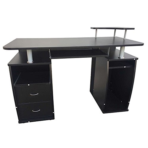 Kcelarec Computer Desk with 2 Drawers, Wooden Home Office Desk Writing Study Desk with Open Shelves and Keyboard Tray Black