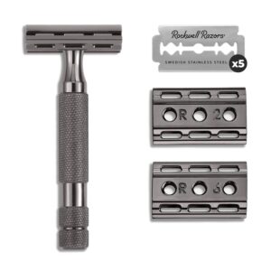 rockwell razors 6c gunmetal chrome double-edge safety razor with 6 adjustable shave settings and 5 blades