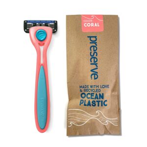 preserve popi shave 5 razor system made with recycled ocean plastic and 5-blade cartridge, coral pink, 1 count