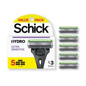 schick hydro ultra sensitive razor, 1 razor handle and 4 cartridges | shaving razors for men sensitive skin, 3 blade mens razors for shaving, razor blades for men, 1 handle with 4 razor blades refills