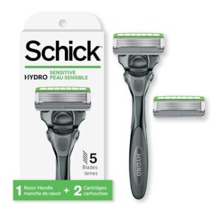 schick hydro 5 sense sensitive skin razor with shock absorb technology for men, 1 handle with 2 refills