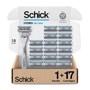 schick hydro dry skin razor, 1 razor handle and 17 cartridges | razors for men, 5 blade razor men, mens razors for shaving, razor blades for men, 1 handle with 17 razor blades refills