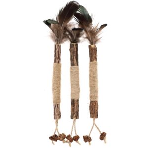 raw paws silvervine stick toys, 3 ct - interactive cat toys with feathers, cat kicker toy, catnip toys for cats, cat feather stick silvervine for cats, matatabi sticks cat feather toys for indoor cats