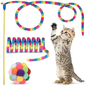 retro shaw cat toys, cat wand teaser toys cat fuzzy balls with bell inside and cat springs, interactive cat toys for indoor cats kittens kitty, 3 pack