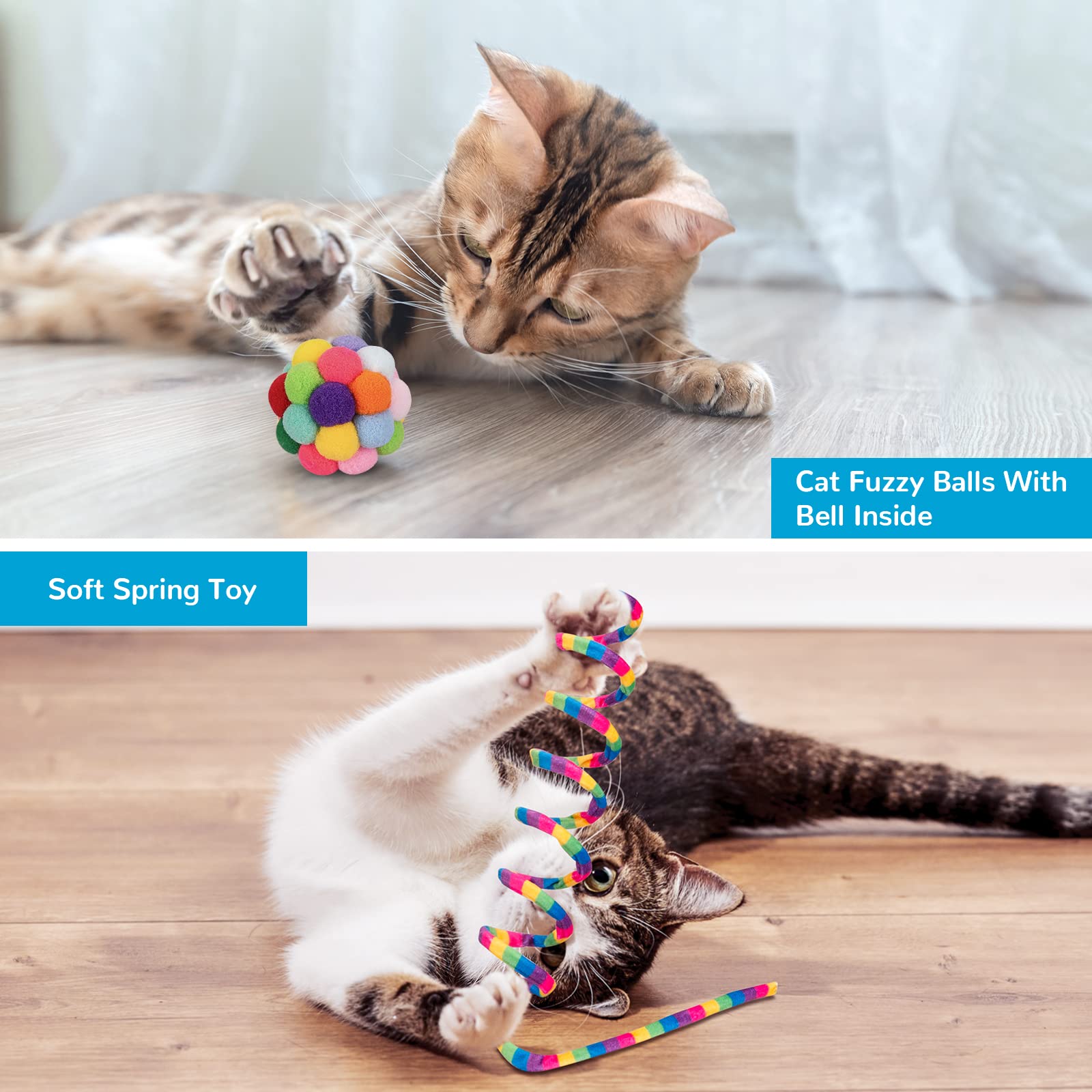 Retro Shaw Cat Toys, Cat Wand Teaser Toys Cat Fuzzy Balls with Bell Inside and Cat Springs, Interactive Cat Toys for Indoor Cats Kittens Kitty, 3 Pack