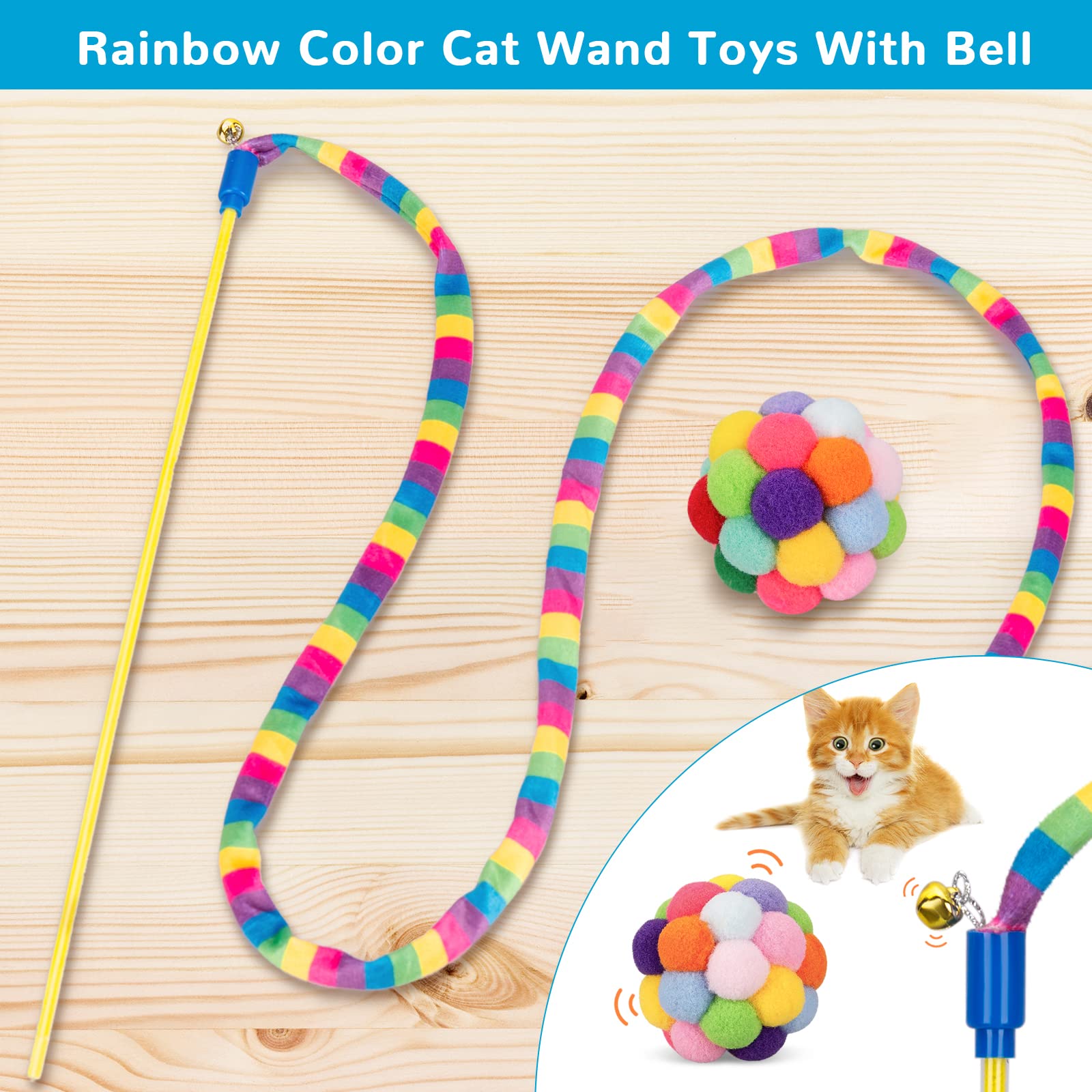 Retro Shaw Cat Toys, Cat Wand Teaser Toys Cat Fuzzy Balls with Bell Inside and Cat Springs, Interactive Cat Toys for Indoor Cats Kittens Kitty, 3 Pack