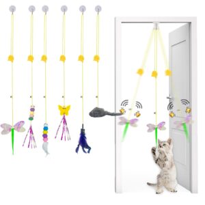 mitubati cat toys indoor hanging door retractable bird cat toy for kitten fun exercise interactive string feather cat toys for hunting chase (6 pack)