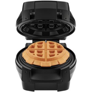 chefman big stuff, belgian deep stuffed waffle maker, mess-free moat, 5-inch diameter with dual-sided heating plates, wide wrap with locking lid, pour light indicator, cool-touch handle, black