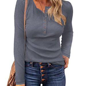 WNEEDU Women's Waffle Knit Tops Casual Long Sleeve Blouses Slim Fit Button Down V Neck Henley Shirt(Dark Gray,L)