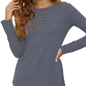 WNEEDU Women's Waffle Knit Tops Casual Long Sleeve Blouses Slim Fit Button Down V Neck Henley Shirt(Dark Gray,L)