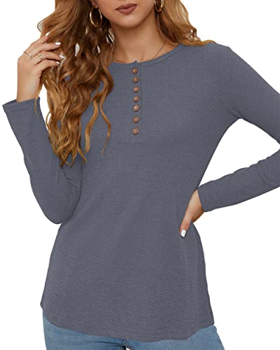 WNEEDU Women's Waffle Knit Tops Casual Long Sleeve Blouses Slim Fit Button Down V Neck Henley Shirt(Dark Gray,L)