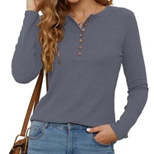 WNEEDU Women's Waffle Knit Tops Casual Long Sleeve Blouses Slim Fit Button Down V Neck Henley Shirt(Dark Gray,L)