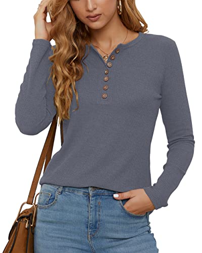 WNEEDU Women's Waffle Knit Tops Casual Long Sleeve Blouses Slim Fit Button Down V Neck Henley Shirt(Dark Gray,L)