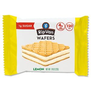 rip van wafels lemon cookies, 16 count, 1g sugar, 4g carbs, vegan, keto friendly, low calorie, 0g trans fat, 120 calories, 6g fiber