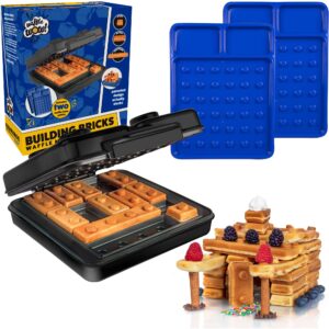 building brick electric waffle maker - black with 2 construction eating plates - cook fun, buildable waffles in minutes - revolutionize breakfast - stack & build on serving dishes, great gift