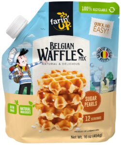 farin'up belgian waffle mix with pearl sugar, 16oz | resealable, no mess packaging (pack of 1)